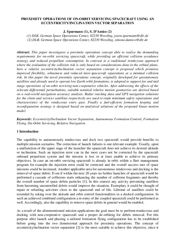 Pdf Proximity Operations Of On Orbit Servicing Spacecraft Using An Eccentricity Inclination
