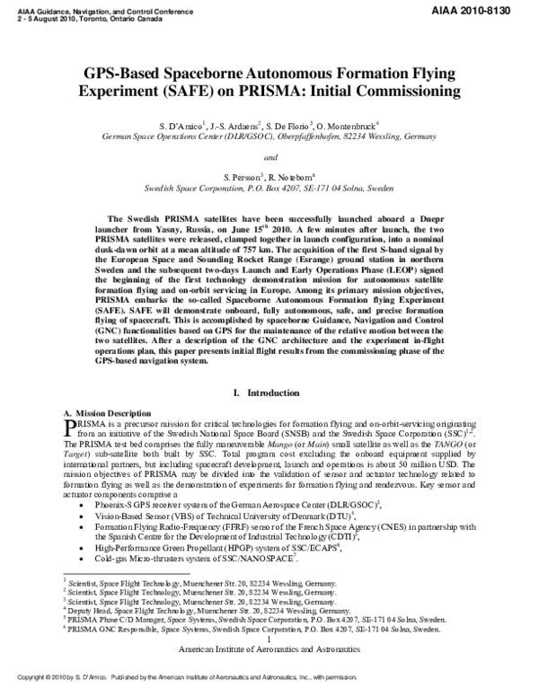 (PDF) GPS-Based Spaceborne Autonomous Formation Flying Experiment (SAFE) on PRISMA: Initial ...
