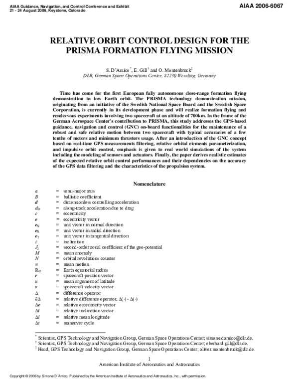 (PDF) Relative Orbit Control Design for the PRISMA Formation Flying Mission
