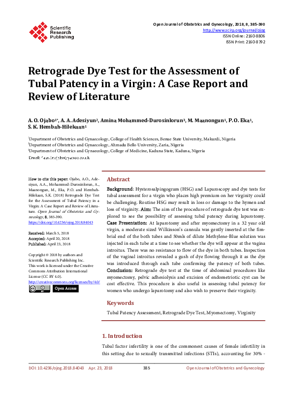 (PDF) Retrograde Dye Test for the Assessment of Tubal Patency in a ...