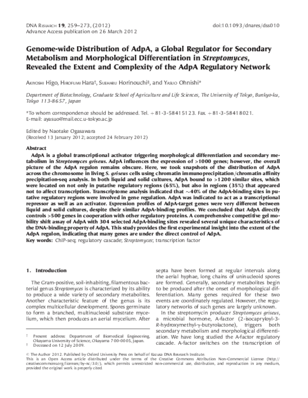 (PDF) Genome-wide Distribution of AdpA, a Global Regulator for ...
