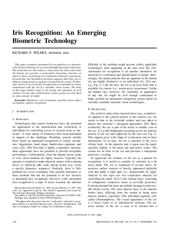 Pdf Iris Recognition An Emerging Biometric Technology