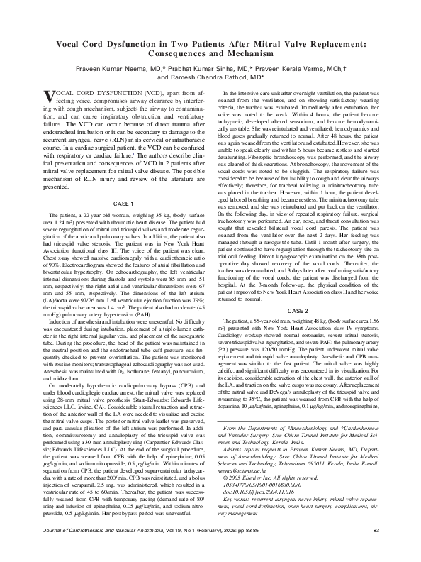 (PDF) Vocal cord dysfunction in two patients after mitral valve ...