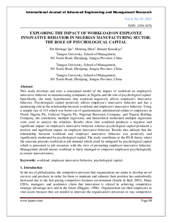 (PDF) EXPLORING THE IMPACT OF WORKLOAD ON EMPLOYEE INNOVATIVE BEHAVIOR IN NIGERIAN MANUFACTURING ...