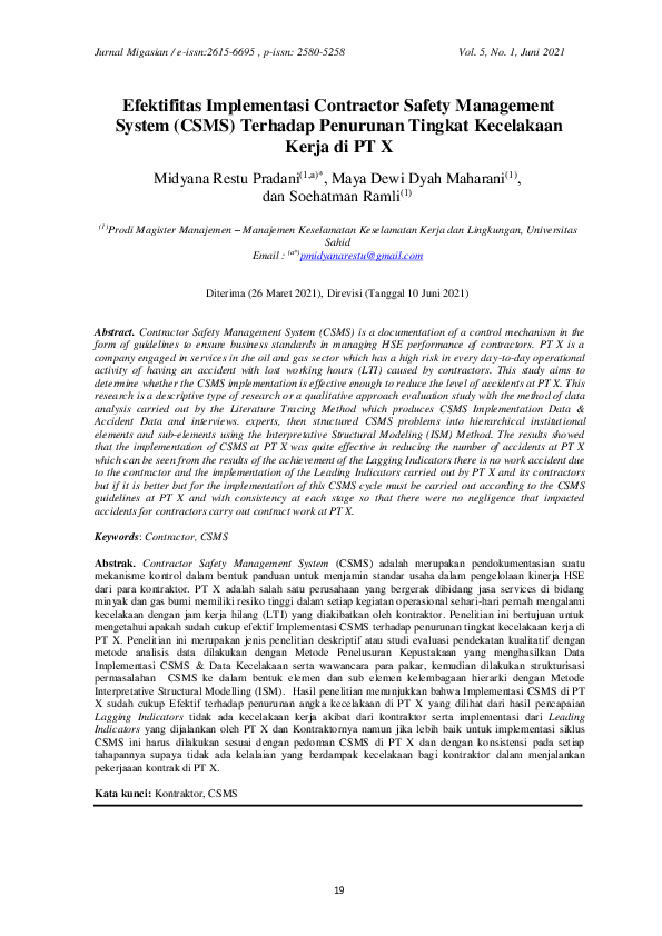 (PDF) Efektifitas Implementasi Contractor Safety Management System (CSMS) Terhadap Penurunan ...