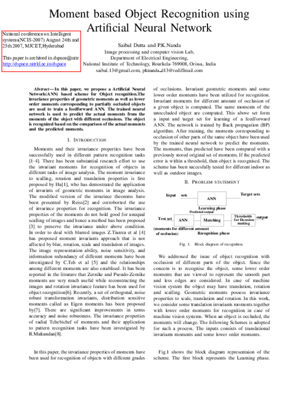 (PDF) Moment based object recognition using artificial neural network