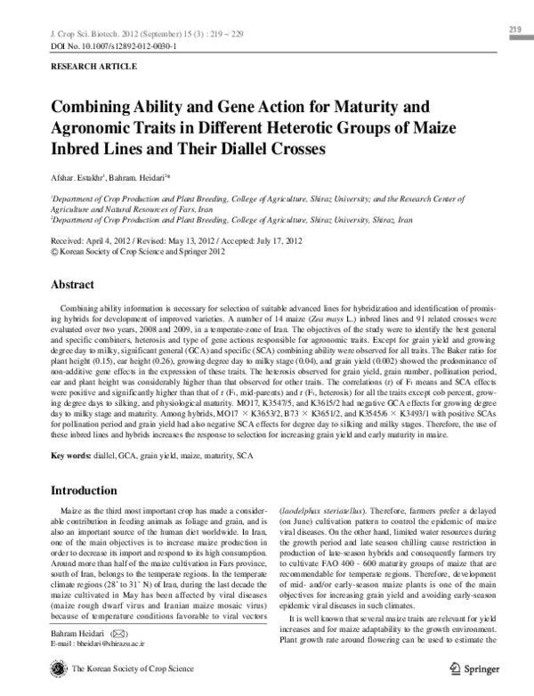 (PDF) Combining ability and gene action for maturity and agronomic traits in different heterotic ...