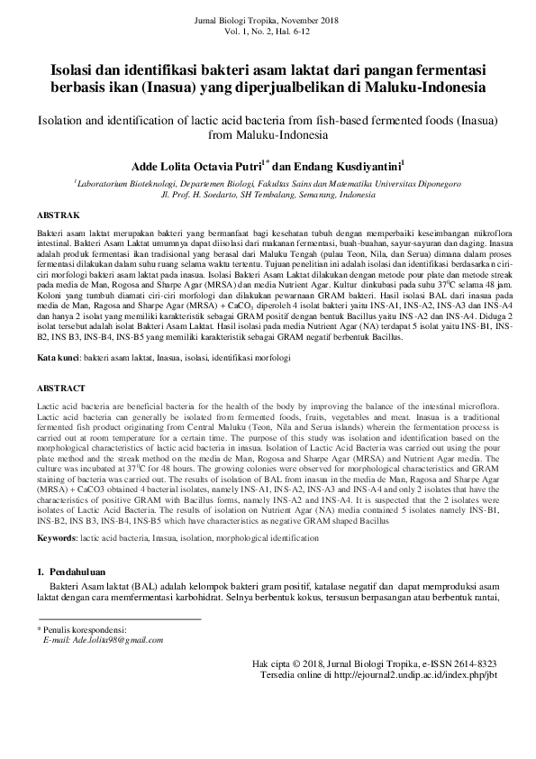 (PDF) Isolasi dan identifikasi bakteri asam laktat dari pangan fermentasi berbasis ikan (Inasua ...