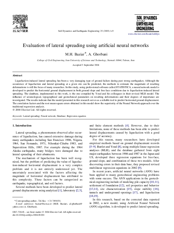 (PDF) Evaluation of lateral spreading using artificial neural networks