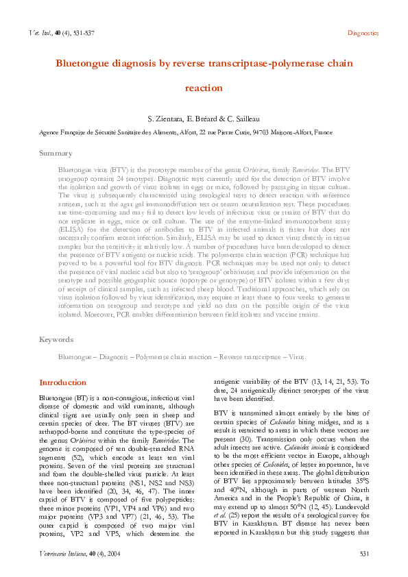 (PDF) Bluetongue diagnosis by reverse transcriptase-polymerase chain reaction
