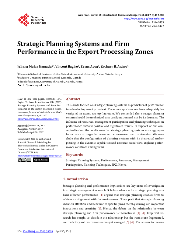 (PDF) Strategic Planning Systems and Firm Performance in the Export ...