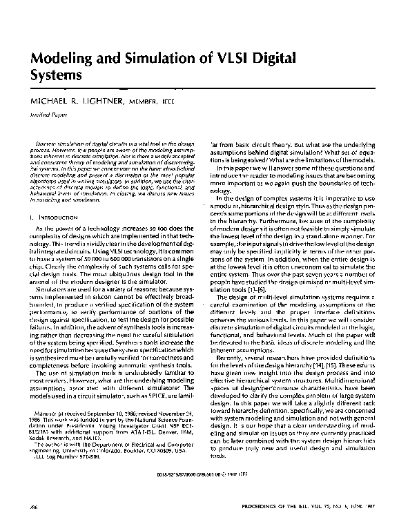 Pdf Modeling And Simulation Of Vlsi Digital Systems Michael Lightner