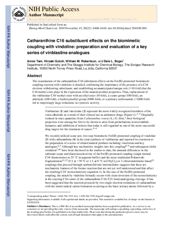 (PDF) Catharanthine C16 substituent effects on the biomimetic coupling ...