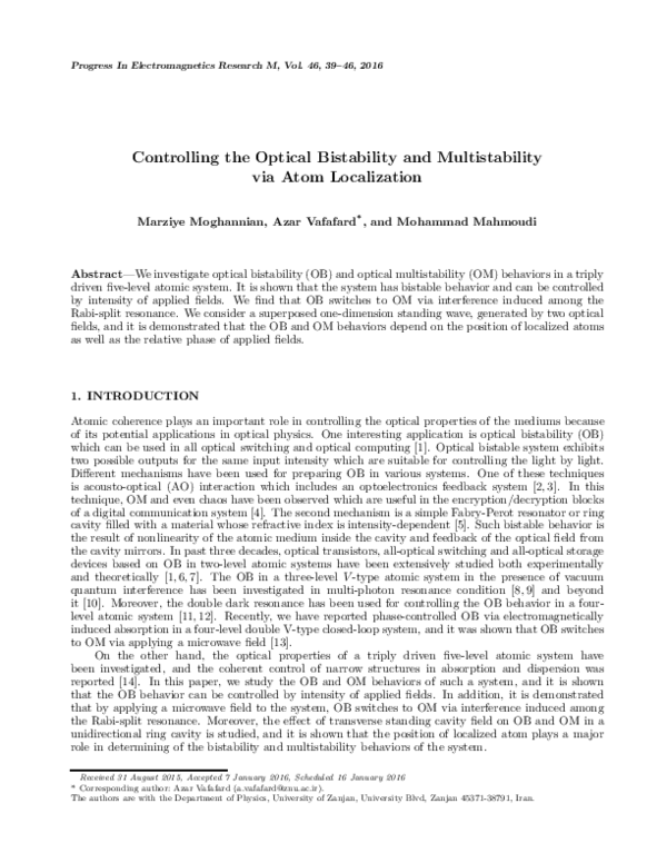 (PDF) Controlling the optical bistability and multistability in a two ...