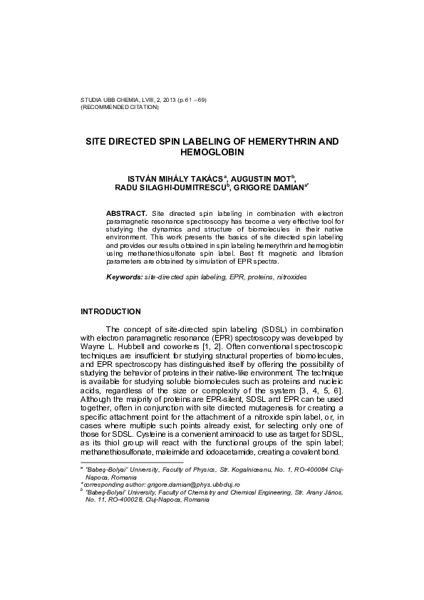 (PDF) Site directed spin labeling of hemerythrin and hemoglobin