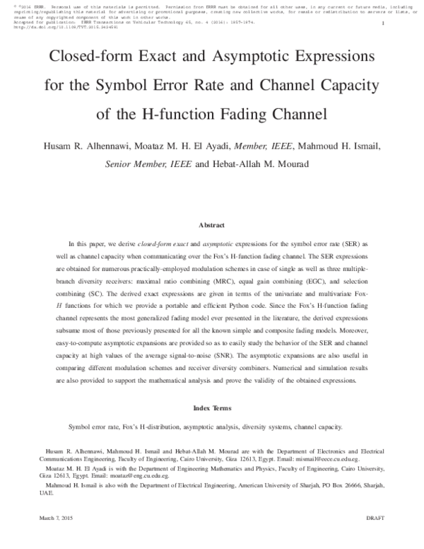 (PDF) Closed-form Exact and Asymptotic Expressions for the Symbol Error Rate and Channel ...