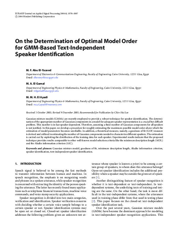 (PDF) On the Determination of Optimal Model Order for GMM-Based Text-Independent Speaker ...