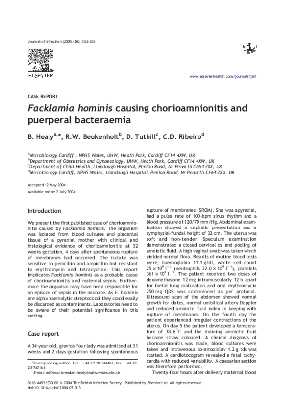 (PDF) Facklamia hominis causing chorioamnionitis and puerperal bacteraemia