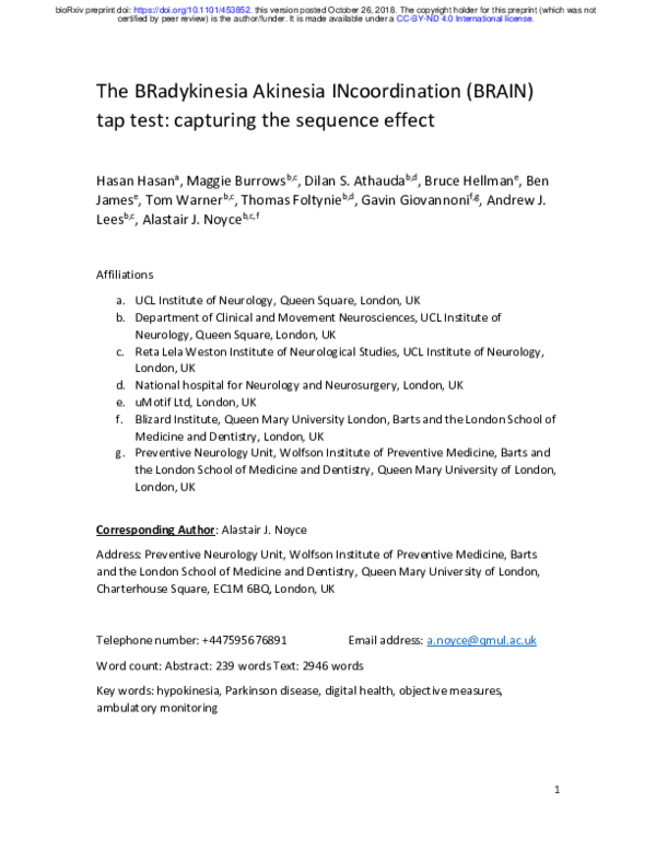 (PDF) The BRadykinesia Akinesia INcoordination (BRAIN) tap test ...