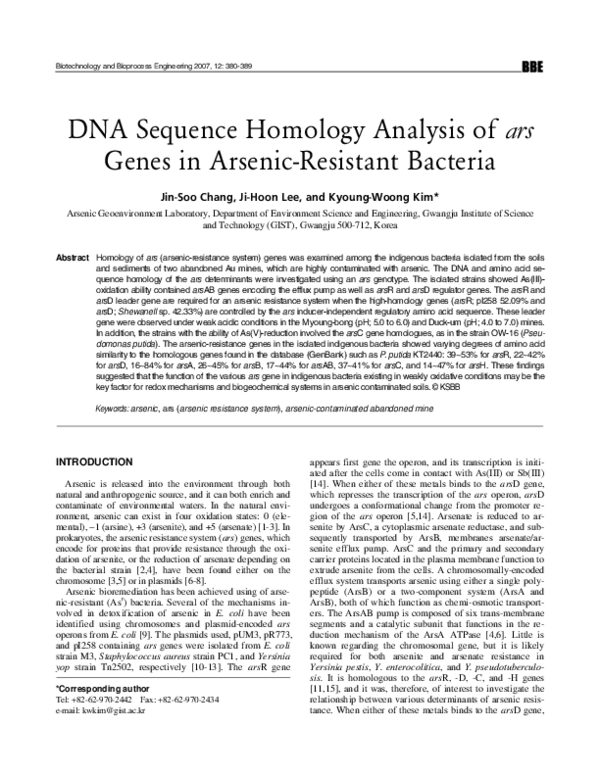 (PDF) DNA sequence homology analysis ofars genes in arsenic-resistant ...