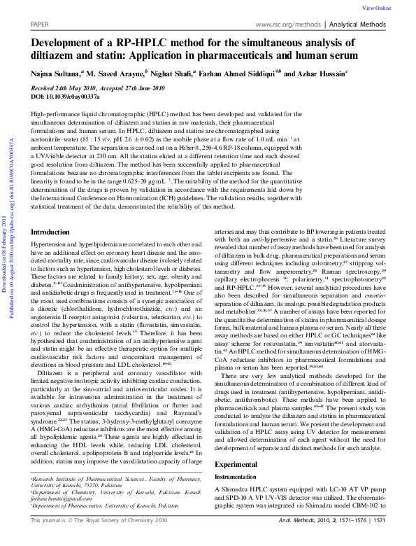 (PDF) Development of a RP-HPLC method for the simultaneous analysis of diltiazem and statin ...