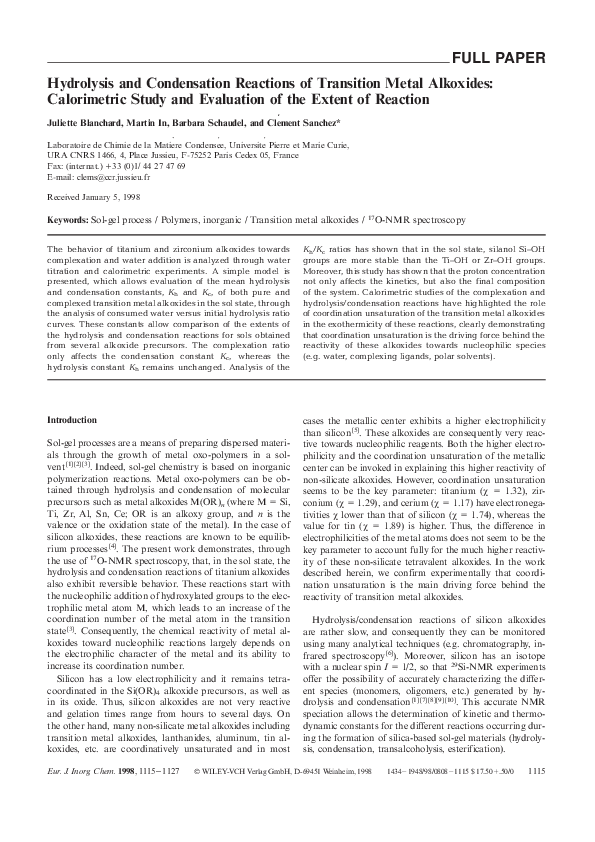 (PDF) Hydrolysis and Condensation Reactions of Transition Metal ...