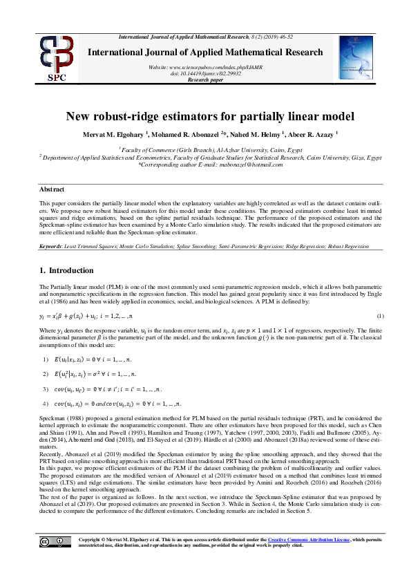 (PDF) New robust-ridge estimators for partially linear model