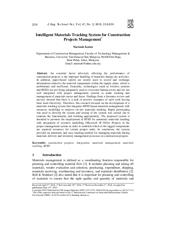 (PDF) Intelligent Materials Tracking System for Construction Projects Management