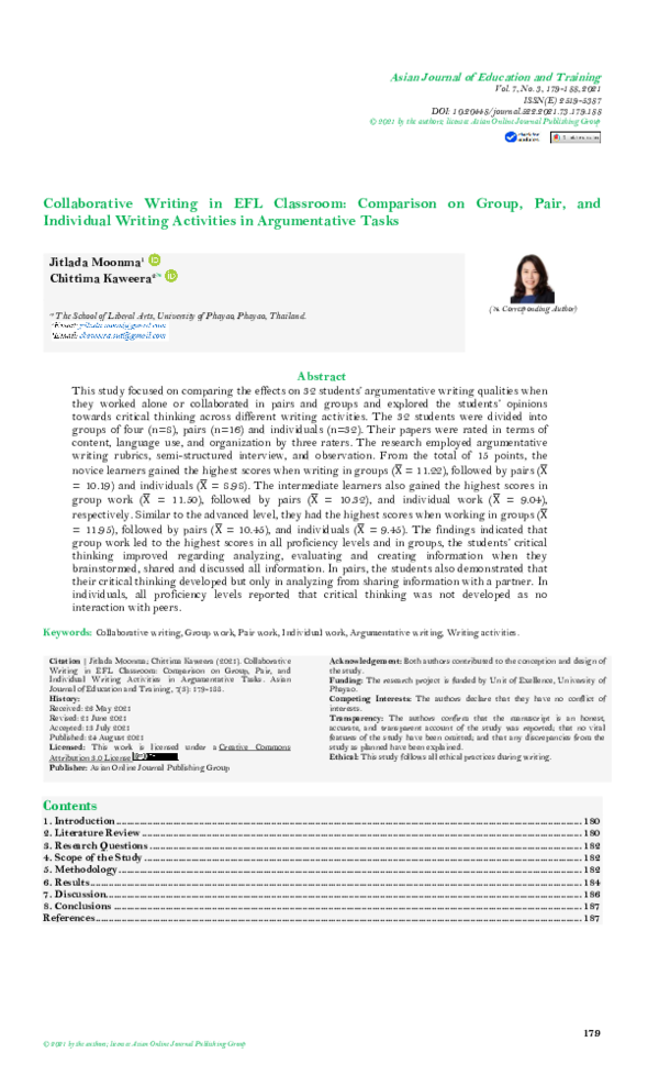 (PDF) Collaborative Writing in EFL Classroom: Comparison on Group, Pair ...