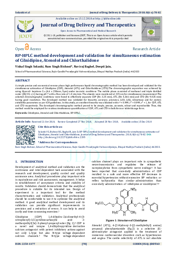Pdf Rp Hplc Method Development And Validation For Simultaneous Estimation Of Cilnidipine