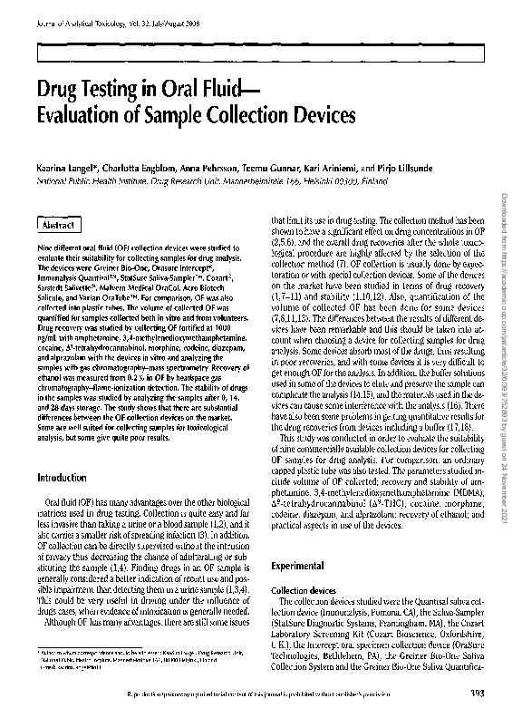 (PDF) Drug testing in oral fluidevaluation of sample collection devices