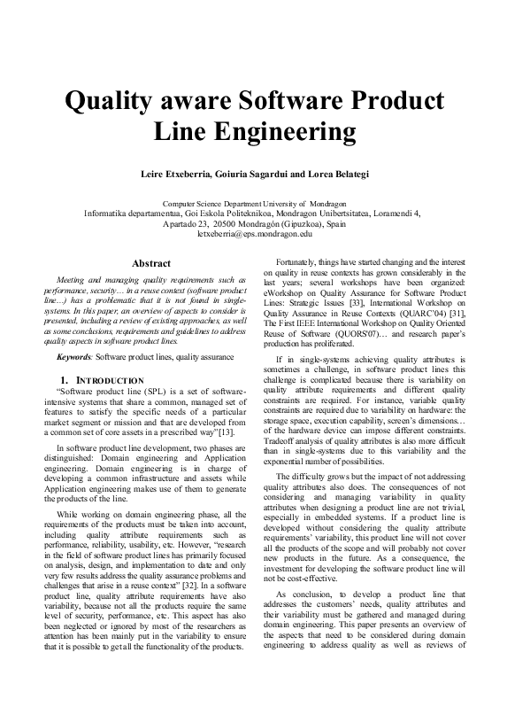 (PDF) Quality aware software product line engineering
