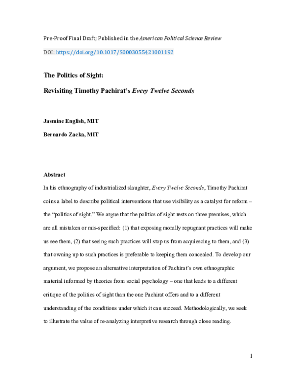 (DOC) The Politics of Sight: Revisiting Timothy Pachirat's Every Twelve ...