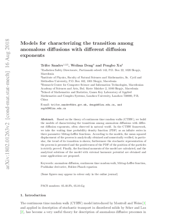 Pdf Models For Characterizing The Transition Among Anomalous Diffusions With Different