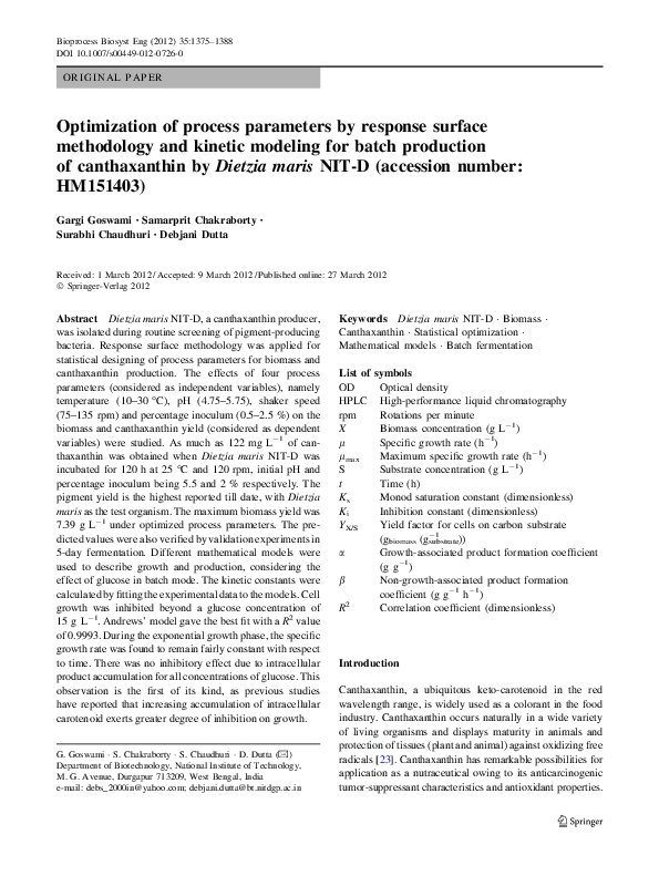 (PDF) Optimization of process parameters by response surface methodology and kinetic modeling ...