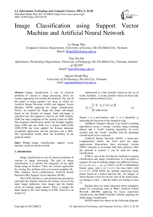 Pdf Image Classification Using Support Vector Machine And Artificial Neural Network G