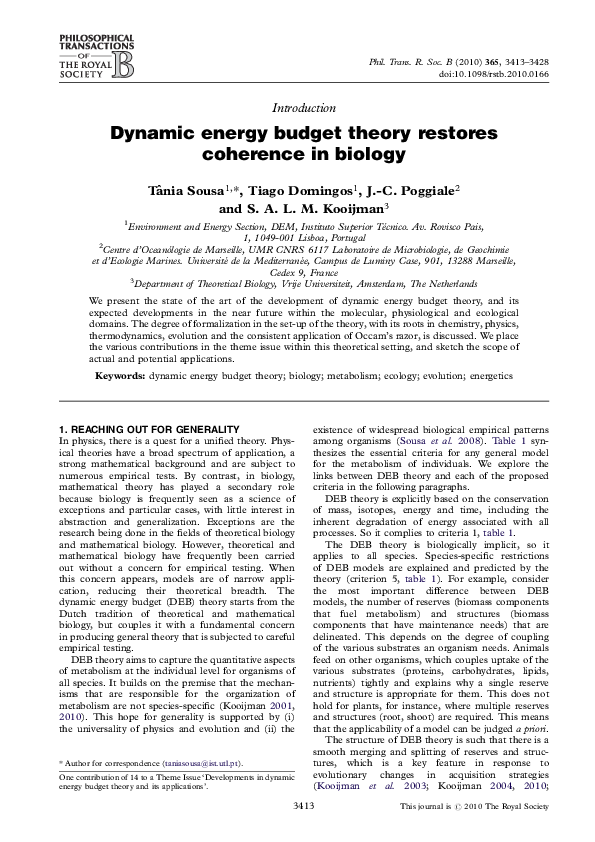 (PDF) Dynamic energy budget theory restores coherence in biology