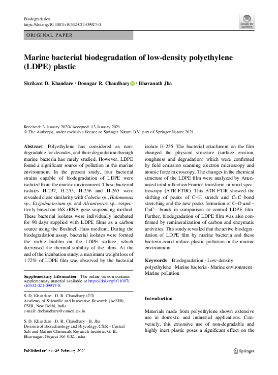 (PDF) Marine bacterial biodegradation of low-density polyethylene (LDPE) plastic