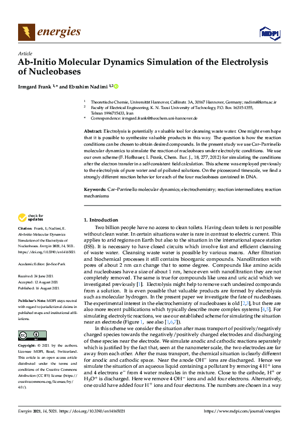 (PDF) Ab-Initio Molecular Dynamics Simulation of the Electrolysis of Nucleobases