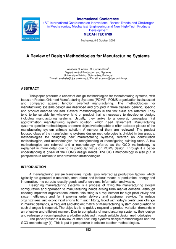 (PDF) A Review of Design Methodologies for Manufacturing Systems