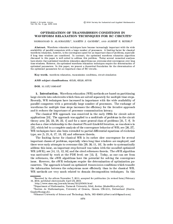 (PDF) Optimization of Transmission Conditions in Waveform Relaxation Techniques for RC Circuits