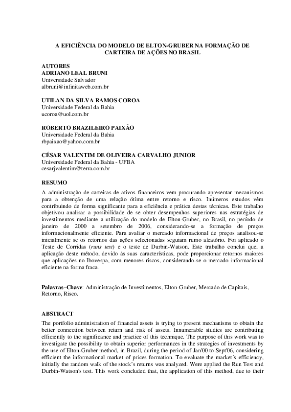 (PDF) A Eficiência do Modelo de Elton-Gruber na Formação de Carteira de ...