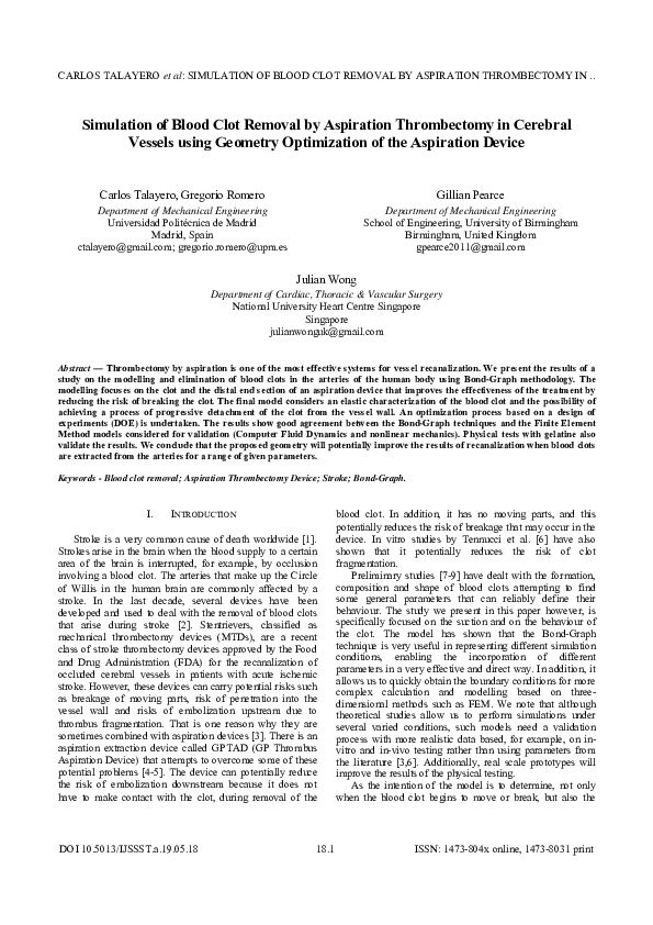 (PDF) Simulation of Blood Clot Removal by Aspiration Thrombectomy in ...