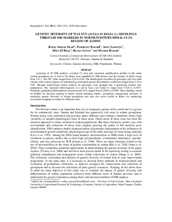 (PDF) Genetic diversity of walnut (Juglans regia L.) seedlings through SSR markers in north ...