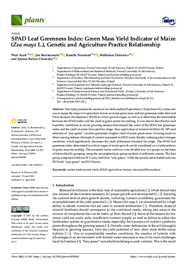 (PDF) SPAD Leaf Greenness Index: Green Mass Yield Indicator of Maize ...