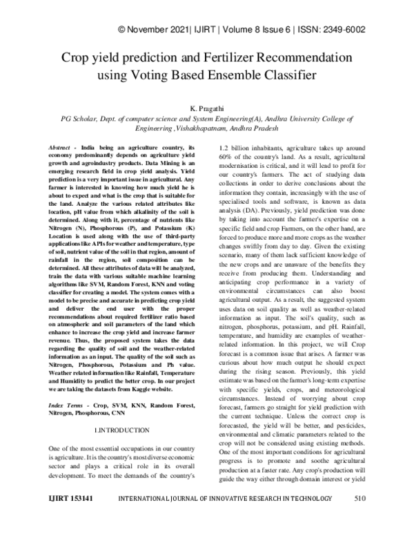 Pdf Crop Yield Prediction And Fertilizer Recommendation Using Voting Based Ensemble Classifier