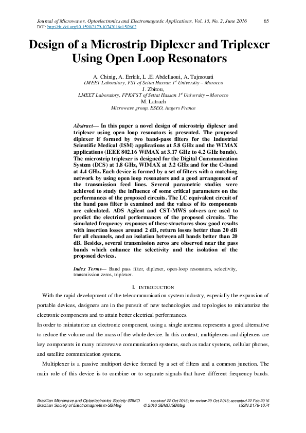 (PDF) Design of a Microstrip Diplexer and Triplexer Using Open Loop Resonators