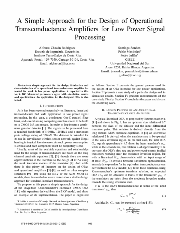 (PDF) A simple approach for the design of operational transconductance amplifiers for low power ...