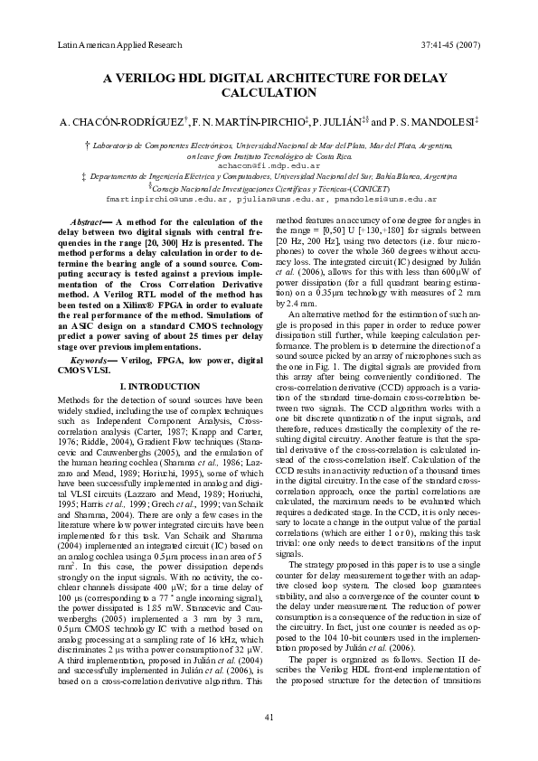 Pdf A Verilog Hdl Digital Architecture For Delay Calculation Pablo