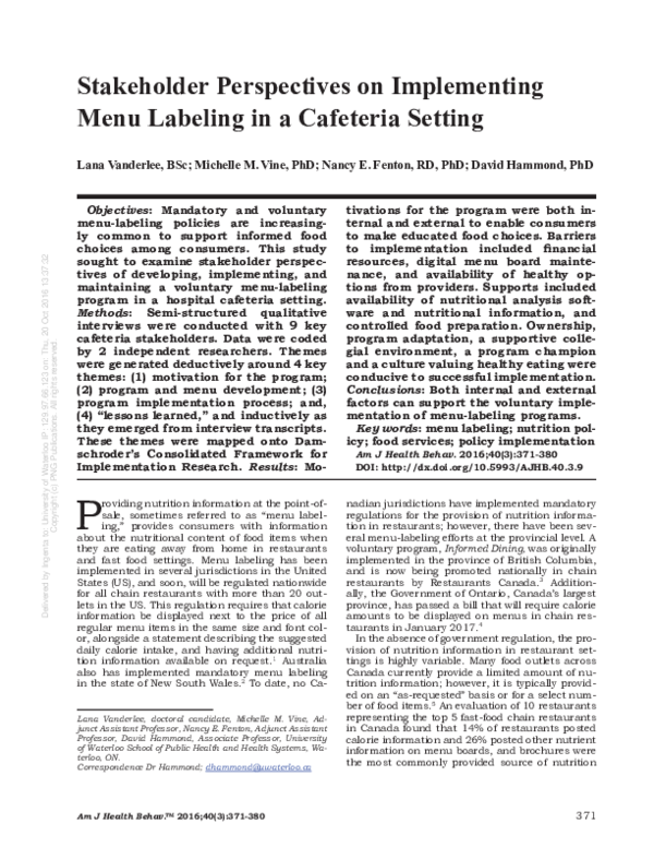 (PDF) Stakeholder Perspectives on Implementing Menu Labeling in a ...